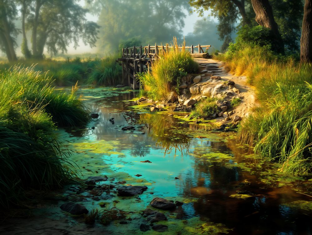 Hushed Harmony | Tranquil Forest Bridge Art Print – Calming Nature Wall Decor – PrintsGallery Art